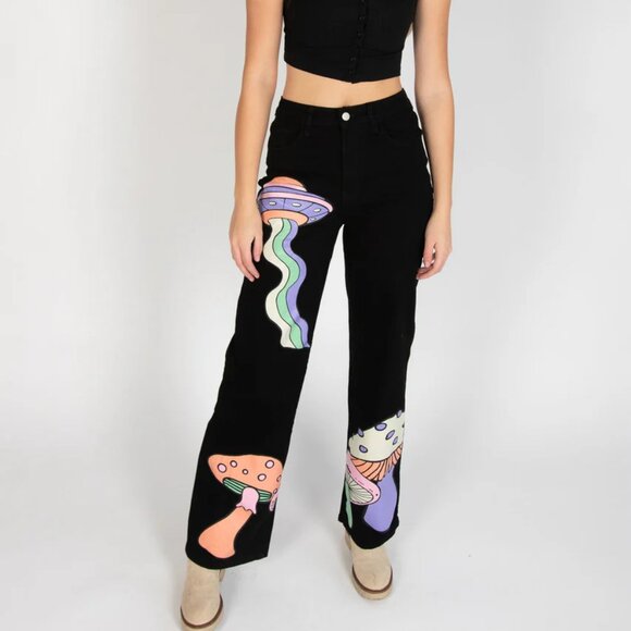 Jeans | Nwt Machine Ragstock Black Pastel Neon Mushroom Ufo Jeans Sz 11 ...
